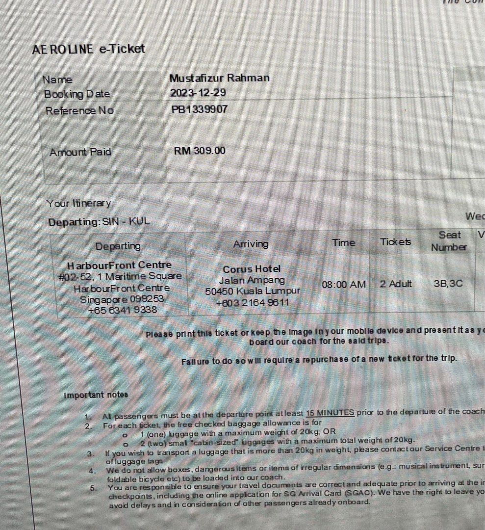 2 return Aeroline bus tickets Singapore-KL, Tickets & Vouchers, Local ...