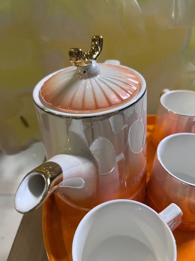 Beautiful surprise orange gold rim tea set, Furniture & Home Living ...