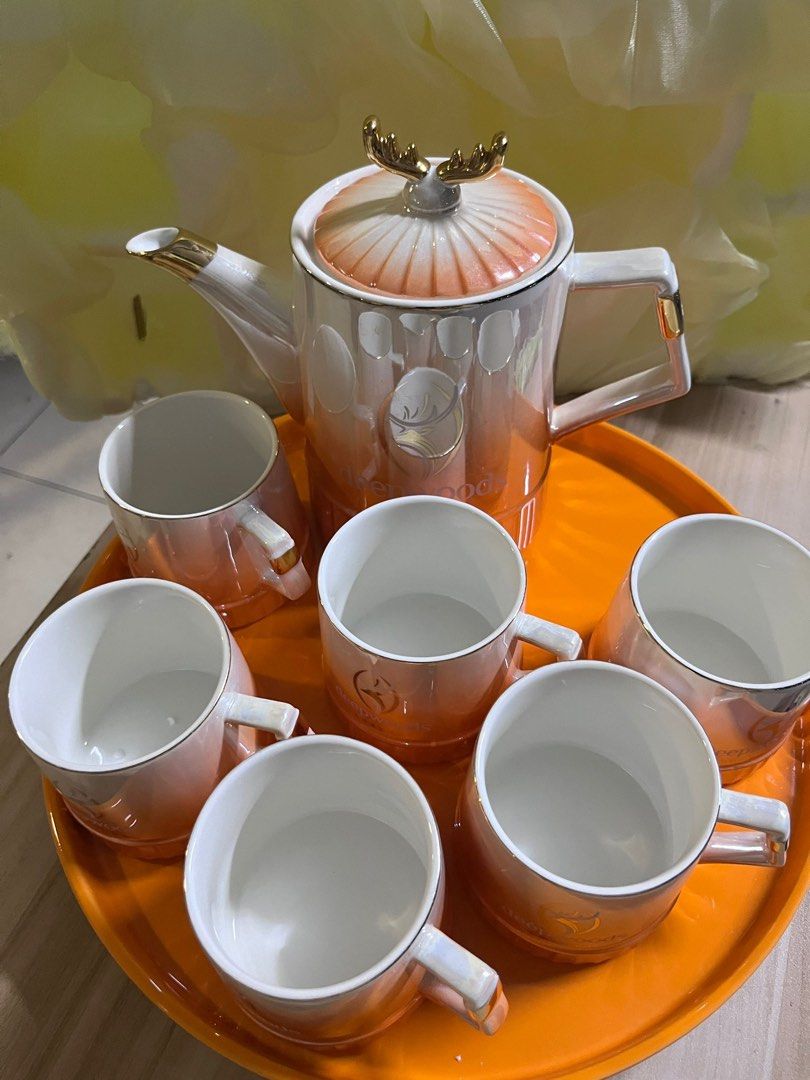 Beautiful surprise orange gold rim tea set, Furniture & Home Living ...