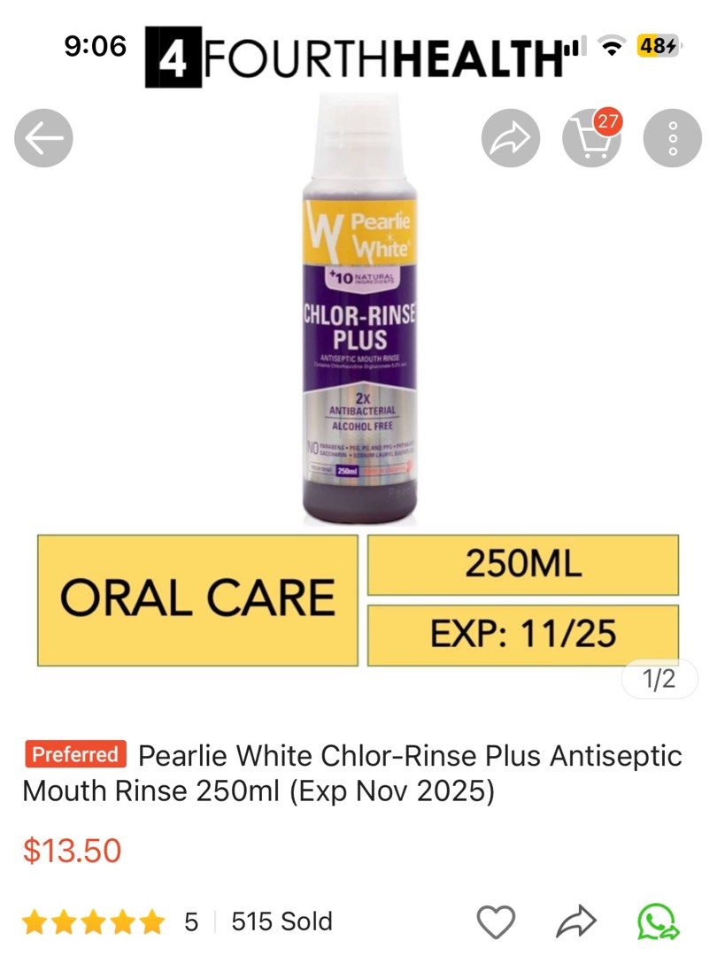 [Bundle of 4] Pearlie White Chlor-Rinse Plus Antiseptic Mouth Rinse ...