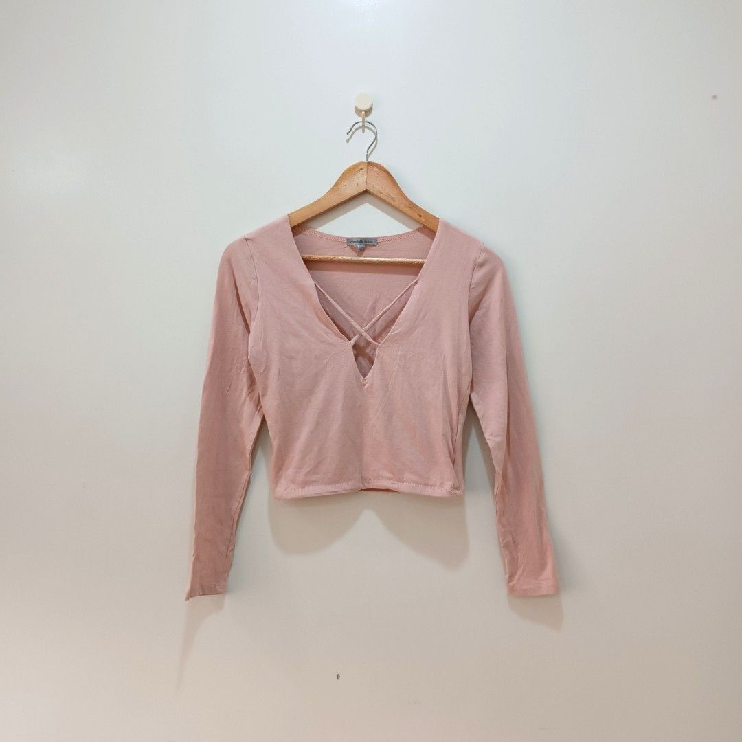 Charlotte russe chest cut-out rose nude women's long sleeve crop top ...