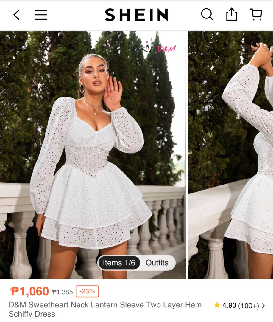 Dandm Sweetheart Neck White Lantern Sleeve Two Layer Hem Schiffy Dress