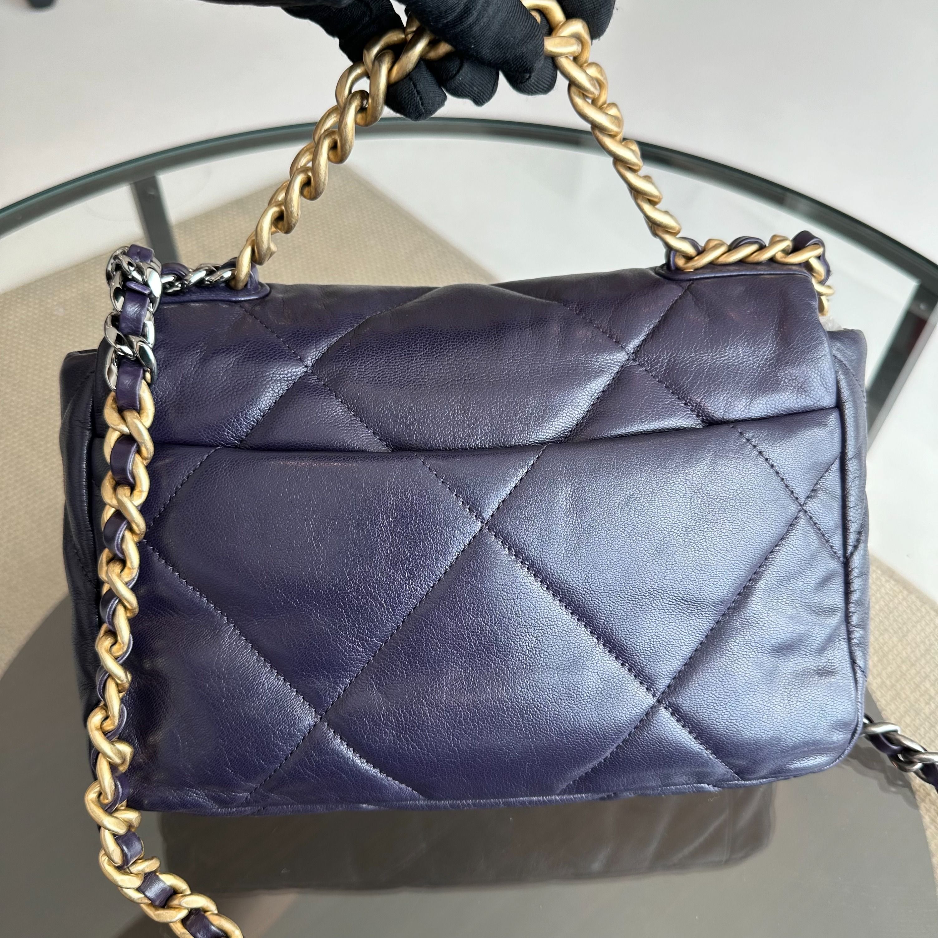 *Full Set, Receipt* Chanel C19 Small 19 Bag Goatskin Dark Purple 3-Tone ...