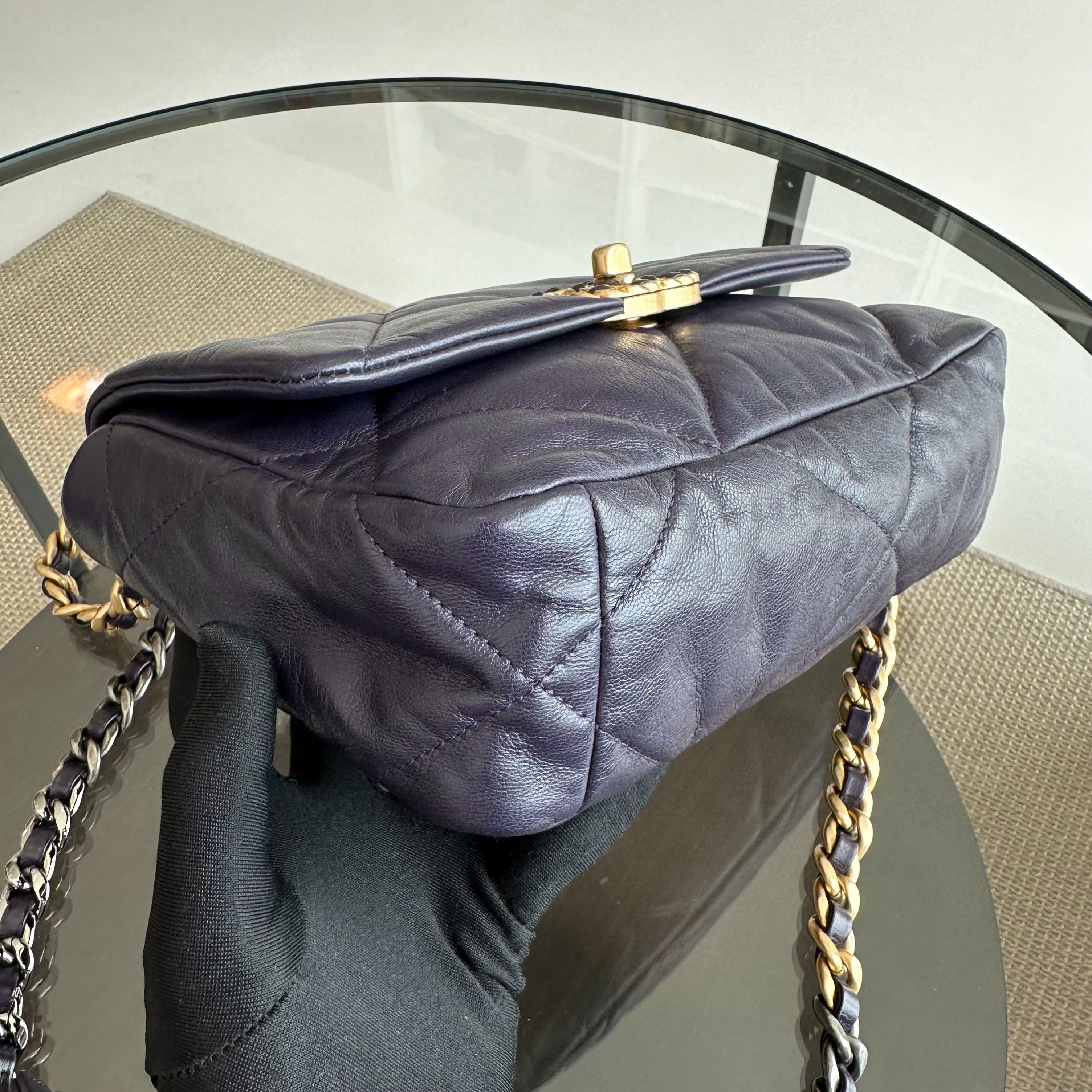 *Full Set, Receipt* Chanel C19 Small 19 Bag Goatskin Dark Purple 3-Tone ...