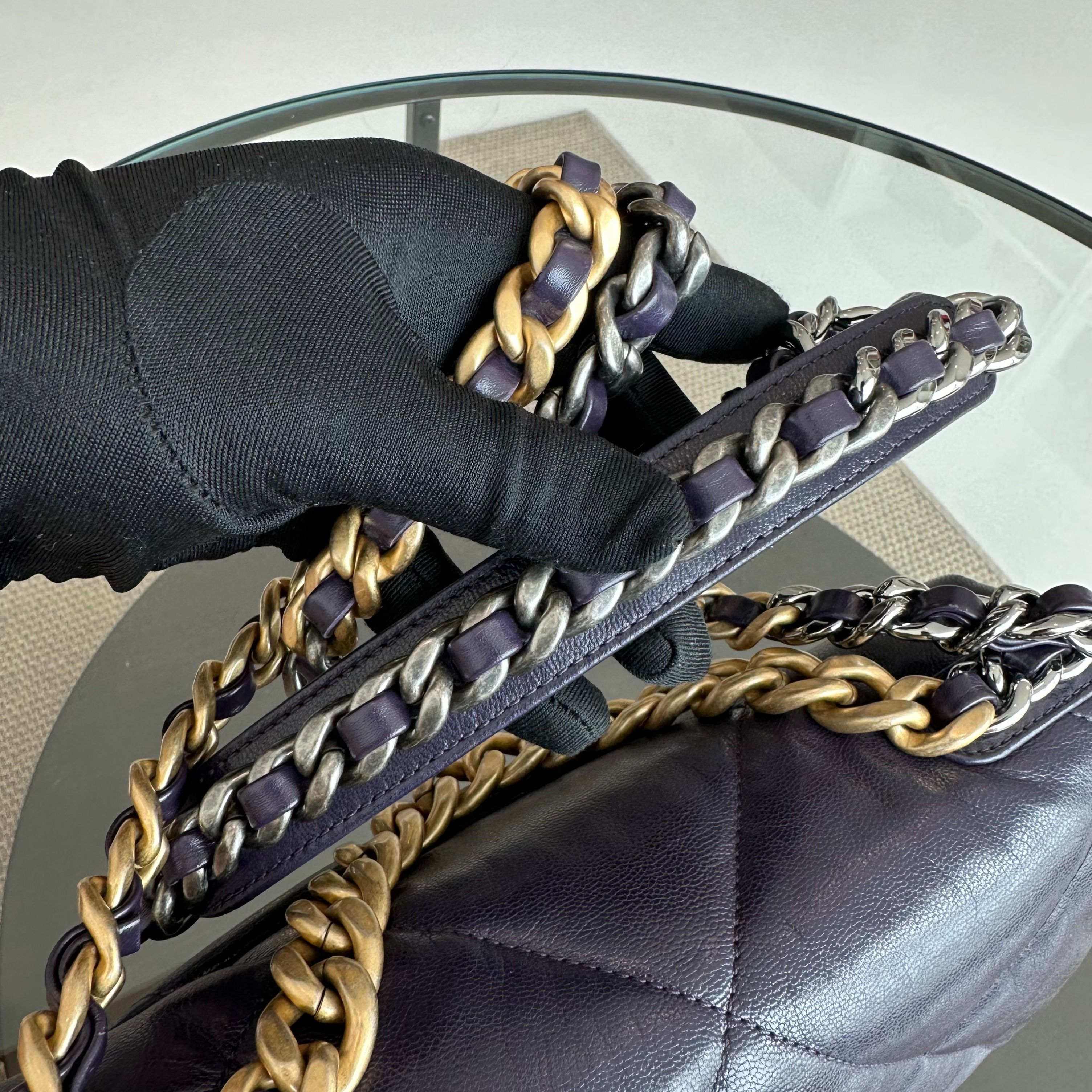 *Full Set, Receipt* Chanel C19 Small 19 Bag Goatskin Dark Purple 3-Tone ...