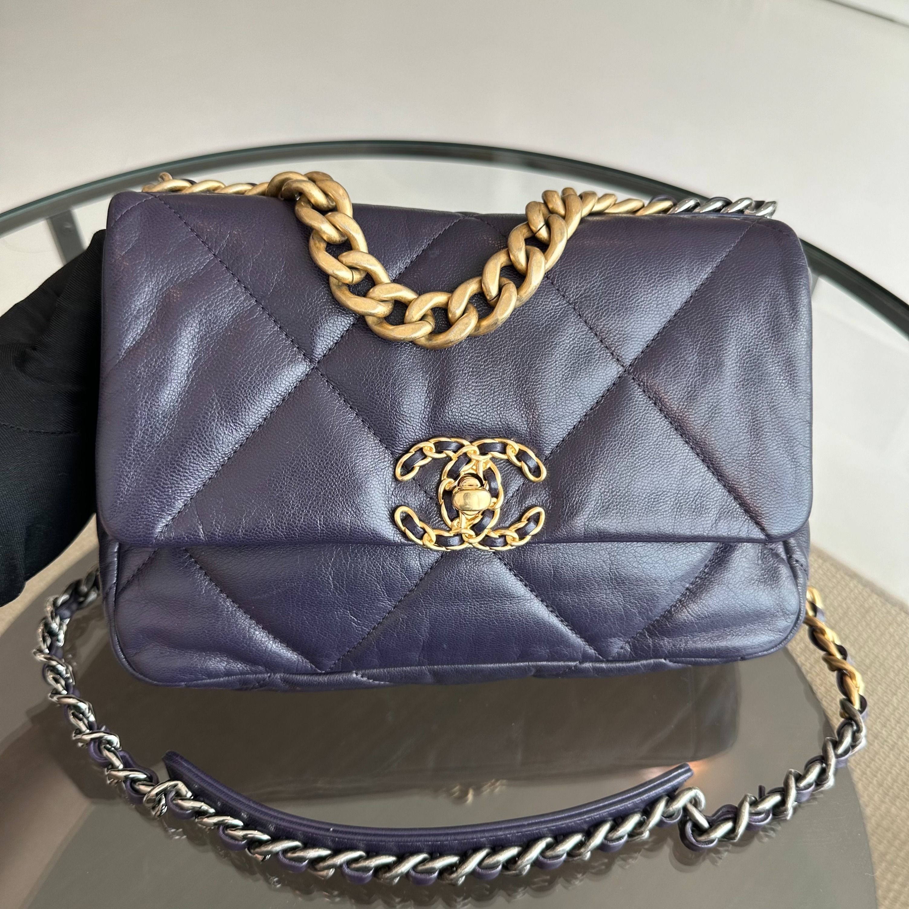 *Full Set, Receipt* Chanel C19 Small 19 Bag Goatskin Dark Purple 3-Tone ...