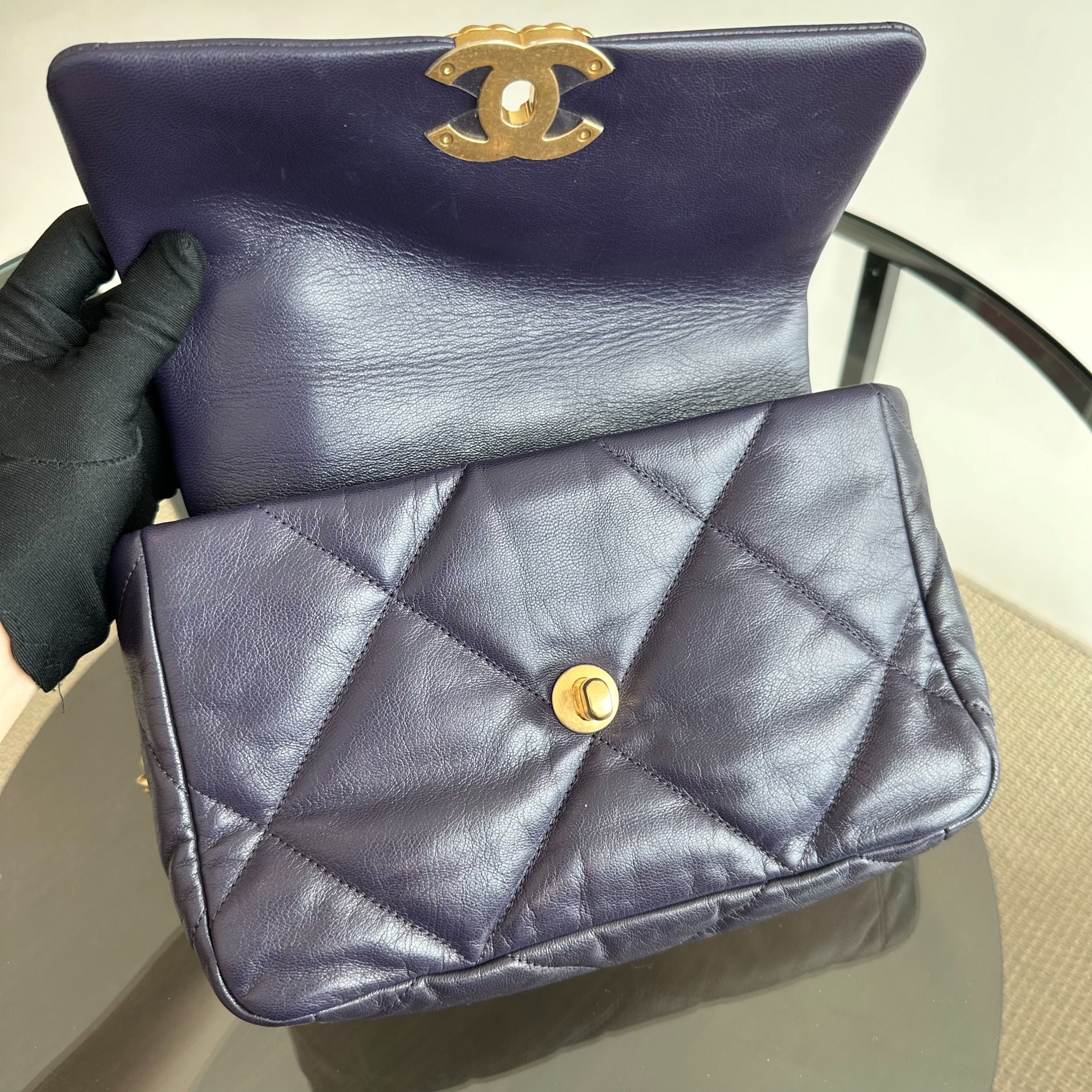 *Full Set, Receipt* Chanel C19 Small 19 Bag Goatskin Dark Purple 3-Tone ...