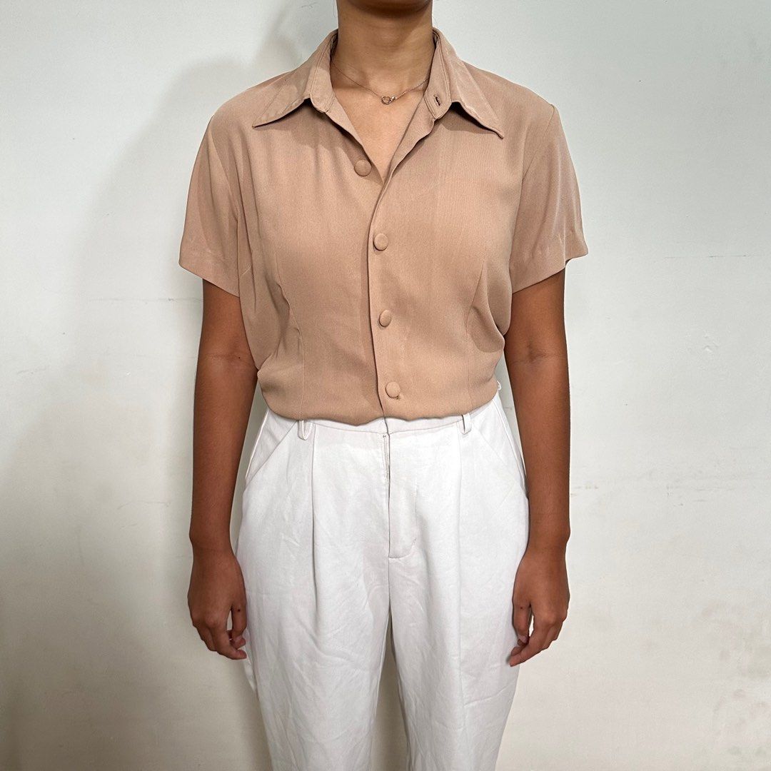 Neutral/light brown blouse, Women's Fashion, Tops, Blouses on Carousell