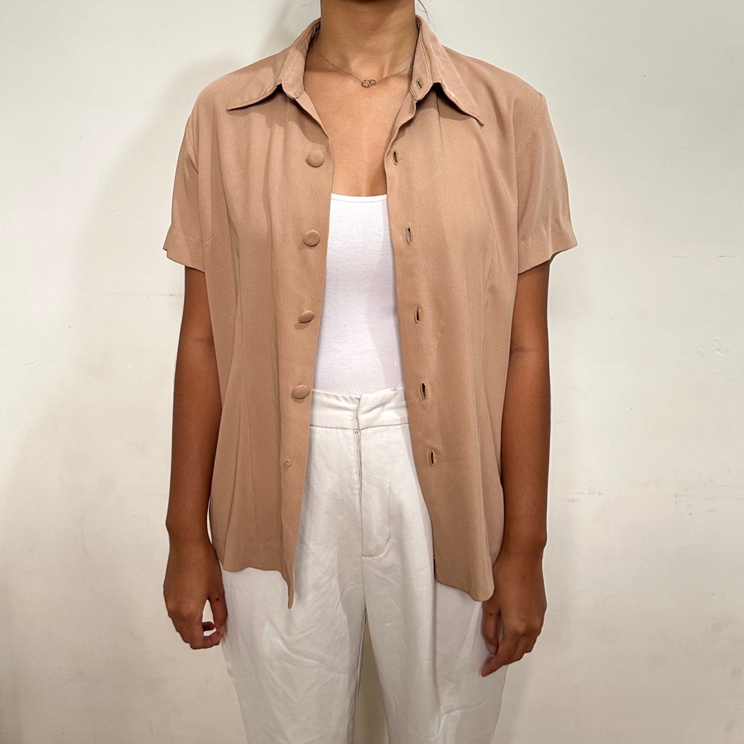 Neutral/light brown blouse, Women's Fashion, Tops, Blouses on Carousell