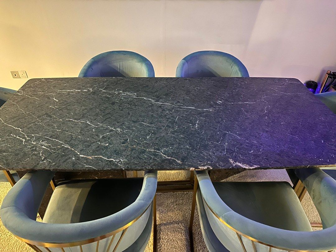 raw marble dining table set with velvet blue chairs, Furniture & Home ...