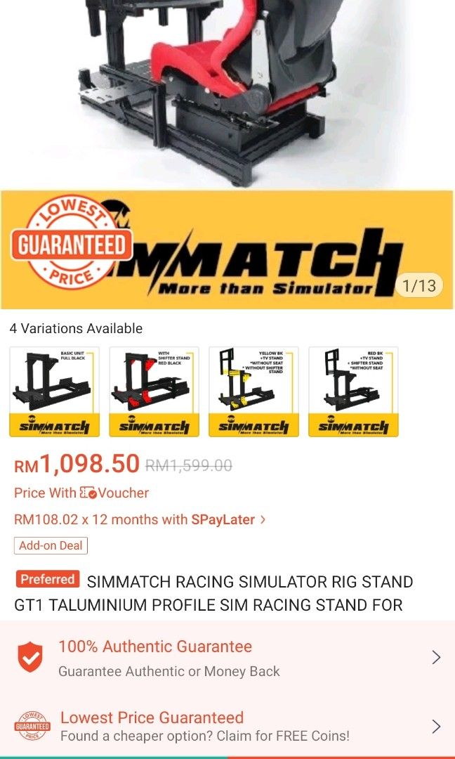 SIMMATCH RACING SIMULATOR RIG STAND GT1, Furniture & Home Living ...