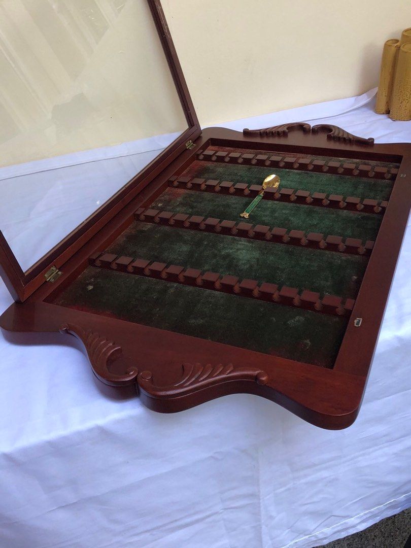 Vintage 56 Teaspoon Wooden Display Case Rack Holder Wall Cabinet with ...