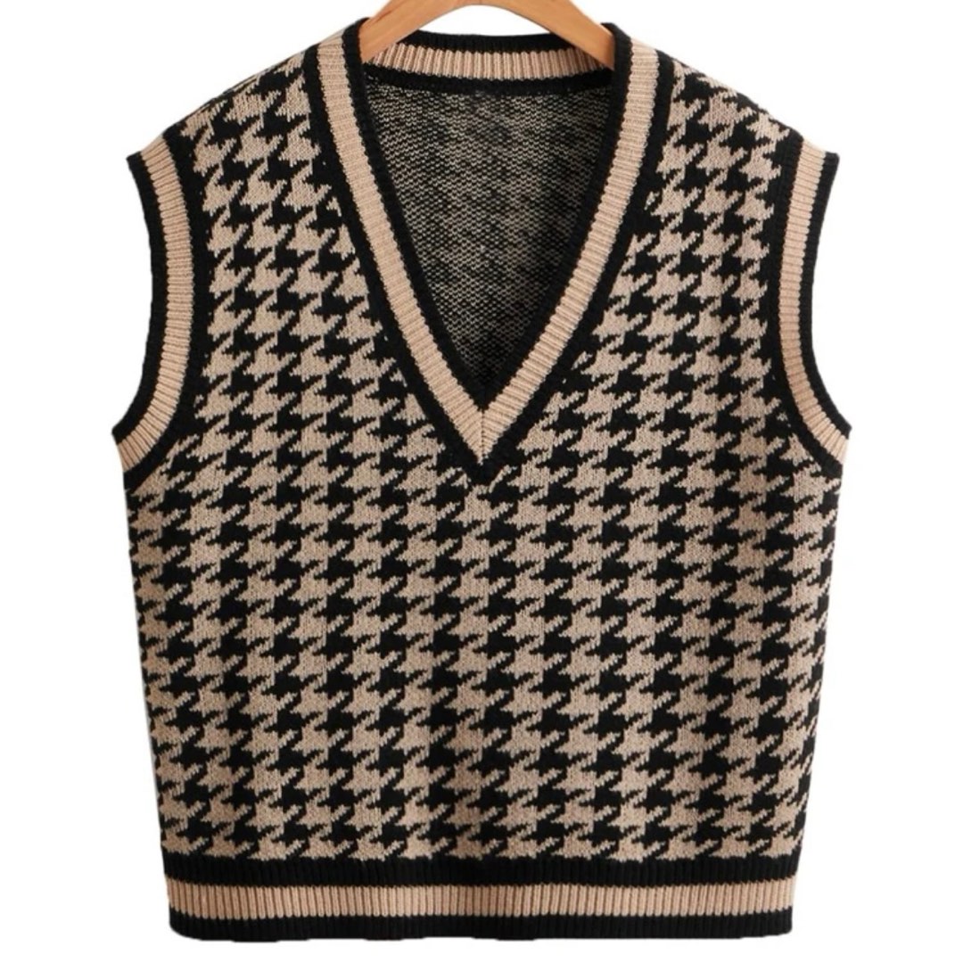 V Neck Houndstooth Sweater Vest Womens Fashion Coats Jackets And