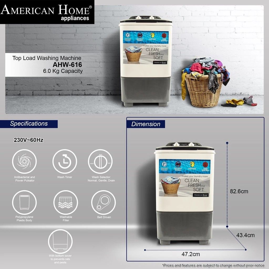 American Home Single Tub Washing Machine AHW-616 / 6.2 capacity (Top ...