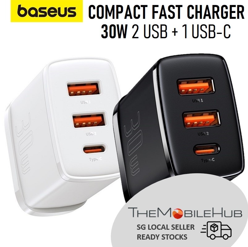 Baseus Compact 30W Fast Charger 2 USB + 1 USB-C 3-Pins Wall Adapter ...