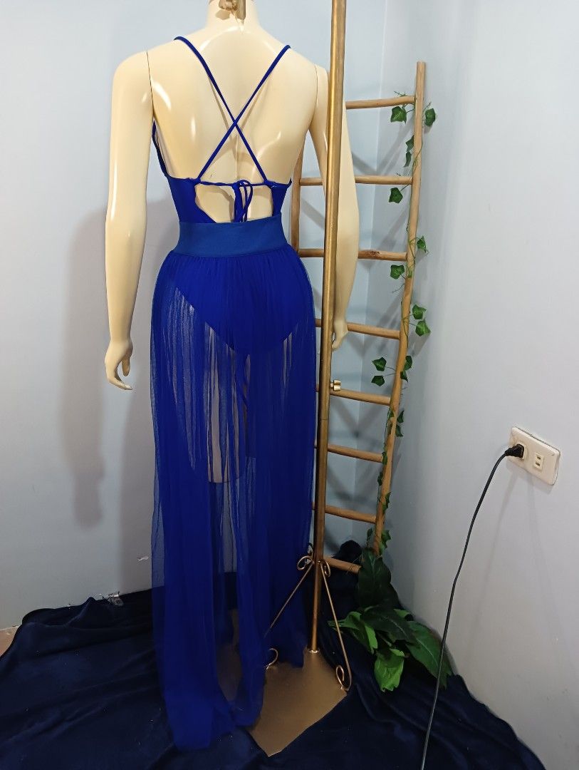 Blue One Piece Swimsuit Mesh Open front Long Skirt Set Criss Cross Back ...