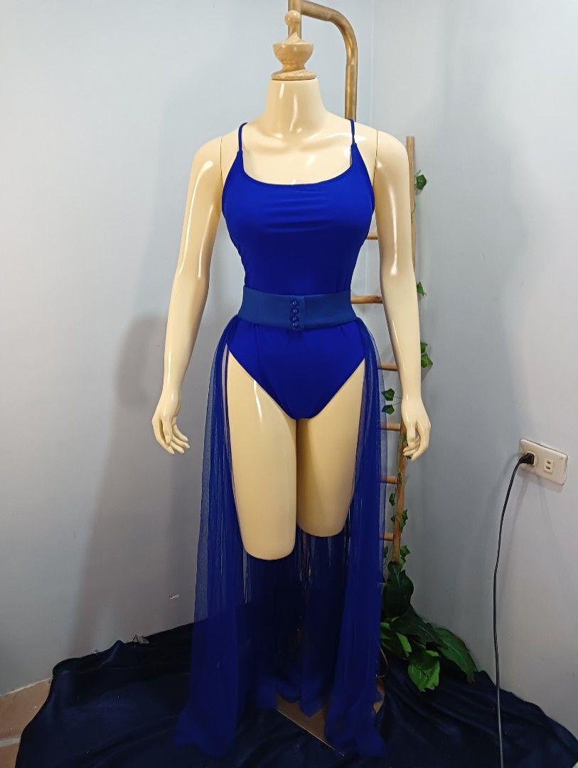 Blue One Piece Swimsuit Mesh Open Front Long Skirt Set Criss Cross Back