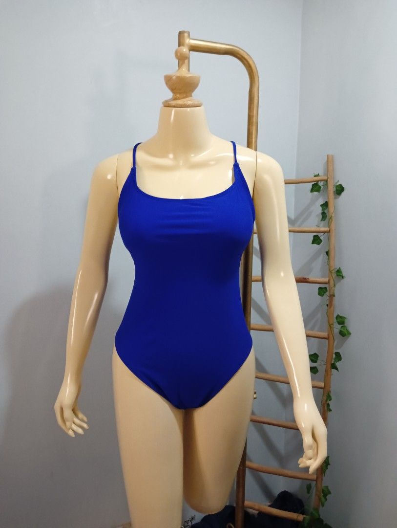 Blue One Piece Swimsuit Mesh Open Front Long Skirt Set Criss Cross Back