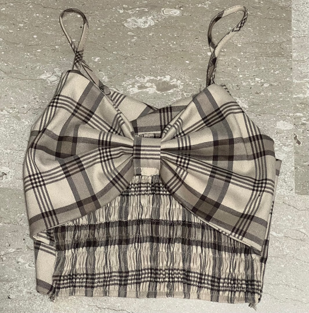 Checkered ribbon top, Women's Fashion, Tops, Sleeveless on Carousell