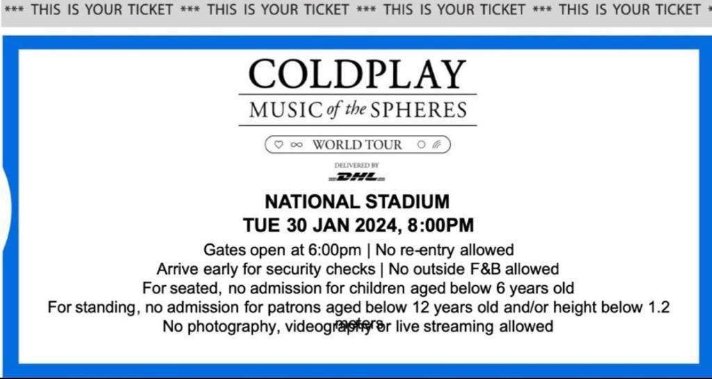 Coldplay General Standing 30th Jan (4 tickets), Tickets & Vouchers ...