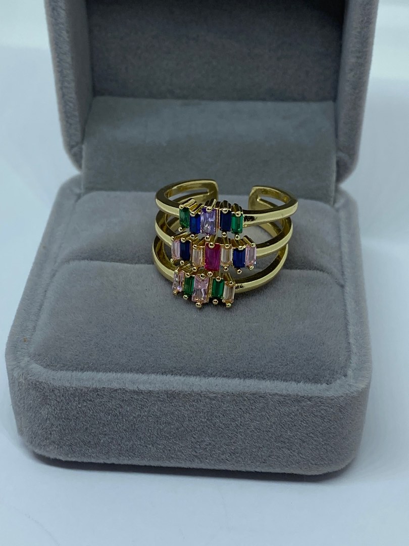 Layered Gem Gold ring with Jewelry Box, Women's Fashion, Jewelry ...