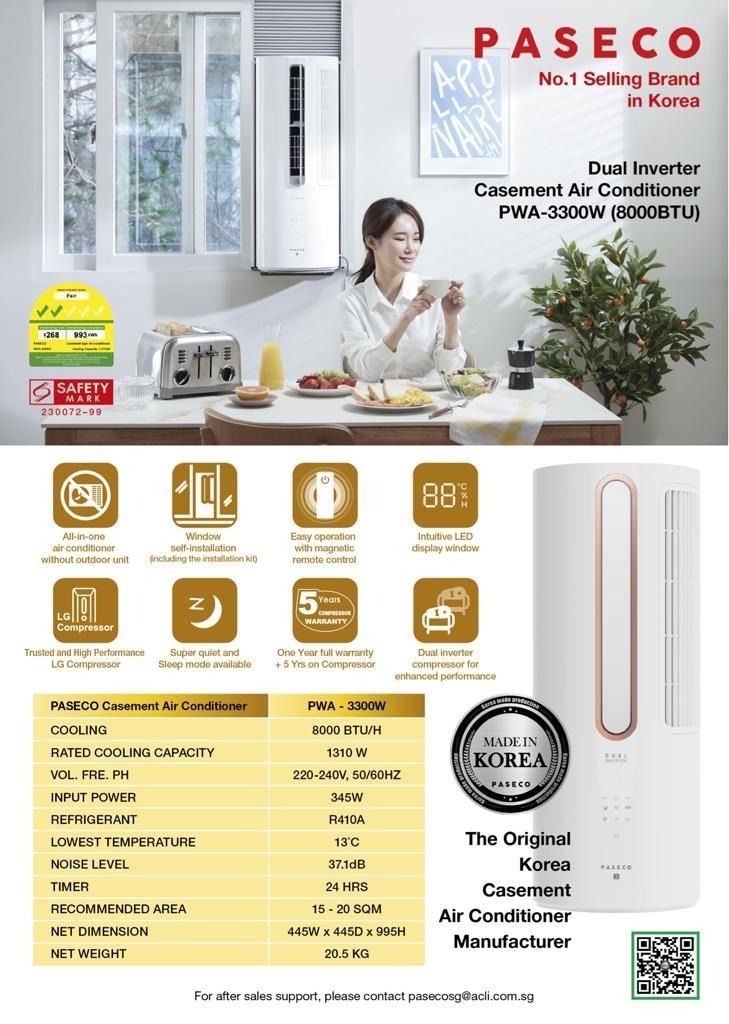 Paseco Vertical Casement Aircon 8000BTU PWA-3300W *FREE INSTALLATION, TV & Home Appliances, Air ...