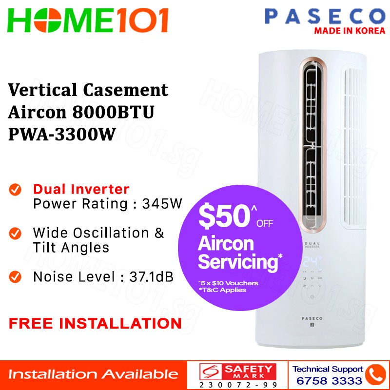 Paseco Vertical Casement Aircon 8000BTU PWA-3300W *FREE INSTALLATION, TV & Home Appliances, Air ...