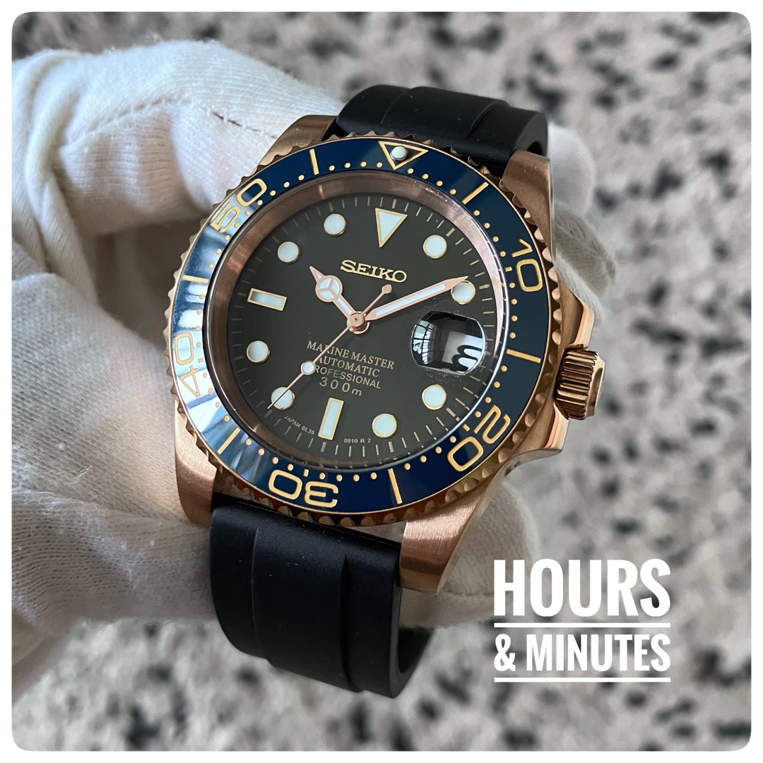 Rose Gold Marine Master automatic watch - Seiko mod submariner, Men's ...