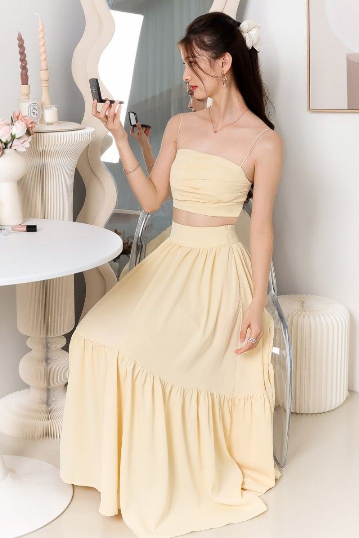 TSS Tilly Tiered Co-Ord Set Petite In Pastel Yellow XS, Women's Fashion ...