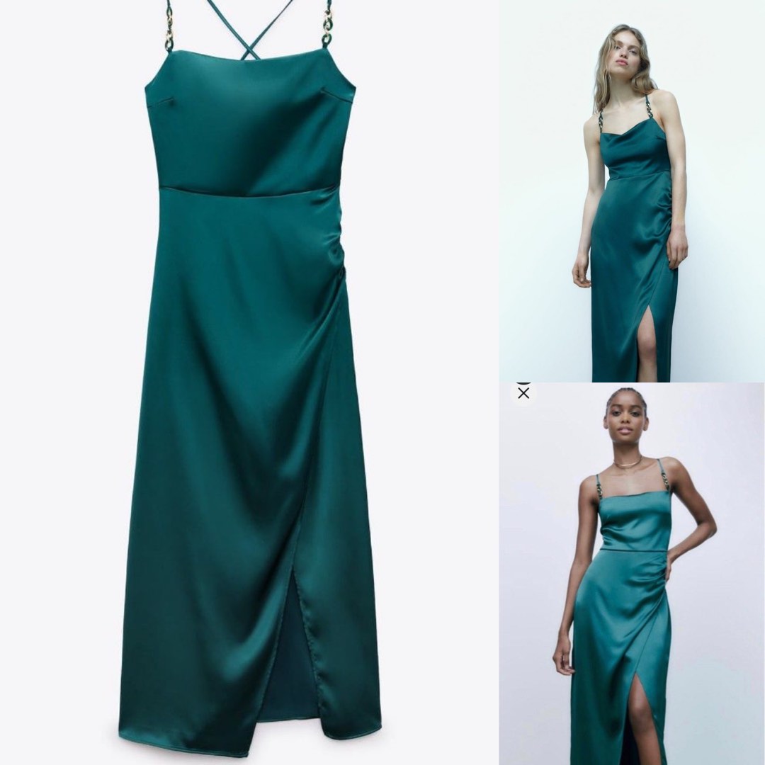 ZARA satin chain-link emerald green dress, Women's Fashion, Dresses ...