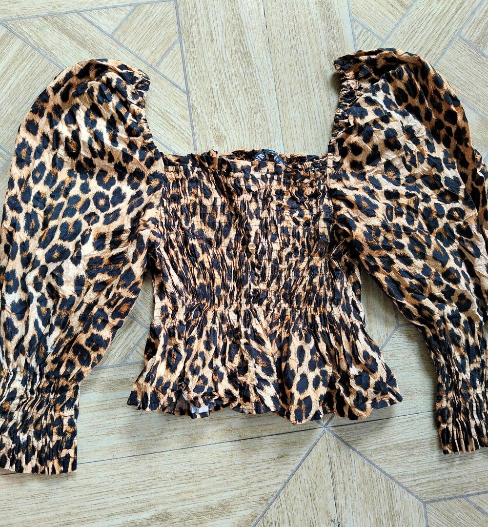 Zara leopard animal print smocked crop top blouse x h&m x breshka ...