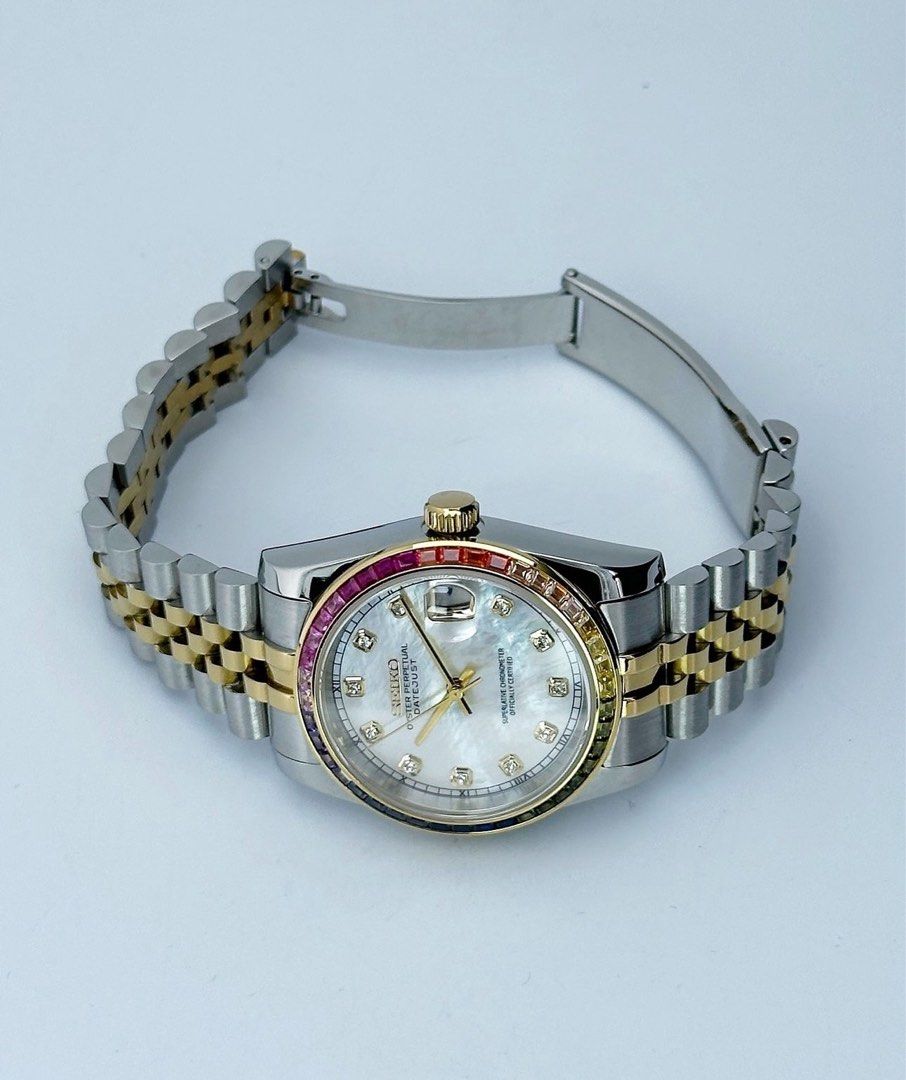 Custom Seiko Mod 36mm 2-Tone Gold Rainbow Diamond Bezel on Diamond MOP ...