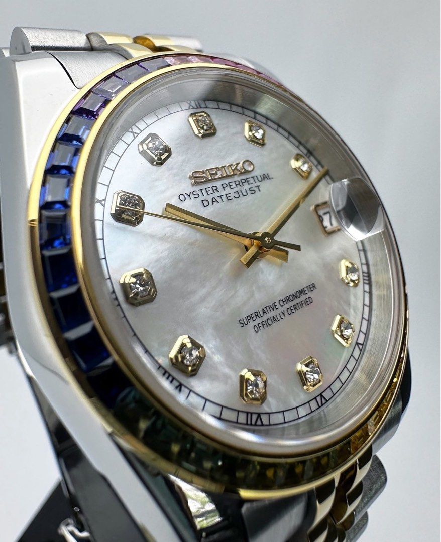 Custom Seiko Mod 36mm 2-Tone Gold Rainbow Diamond Bezel on Diamond MOP ...
