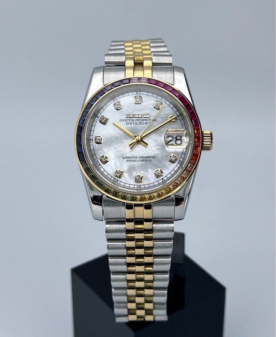 Custom Seiko Mod 36mm 2-Tone Gold Rainbow Diamond Bezel on Diamond MOP ...