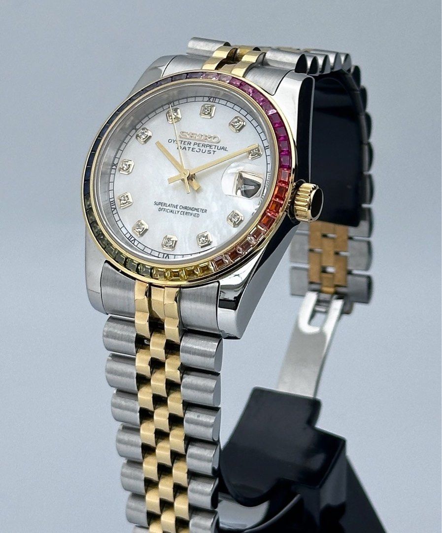 Custom Seiko Mod 36mm 2-Tone Gold Rainbow Diamond Bezel on Diamond MOP ...