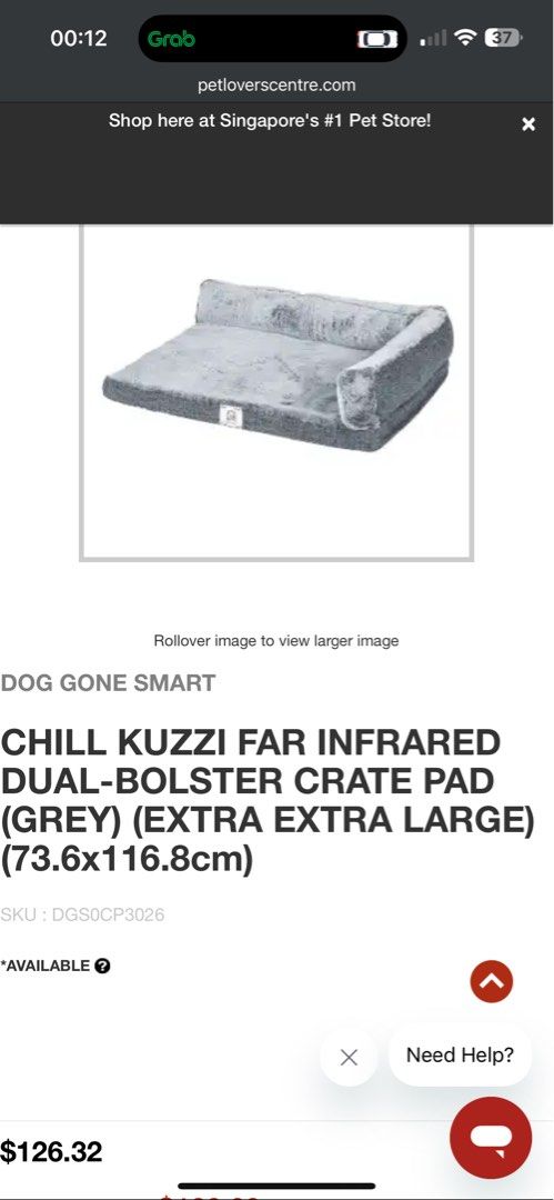 DOG GONE SMART CHILL KUZZI FAR INFRARED DUAL-BOLSTER CRATE PAD / BED (GREY) (EXTRA EXTRA LARGE ...