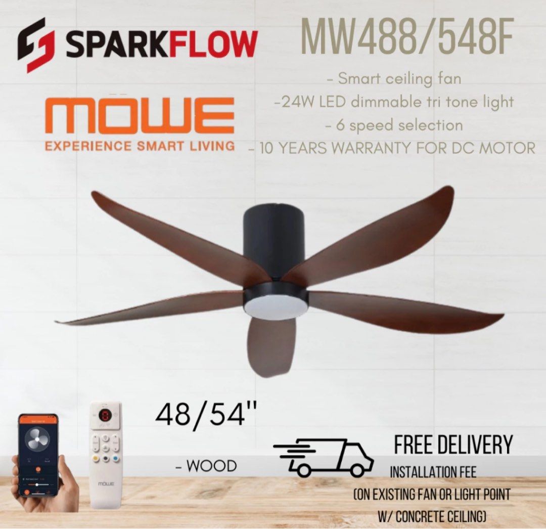 Free installation Wifi Smart dimmable MOWE Hugger ceiling fan ...