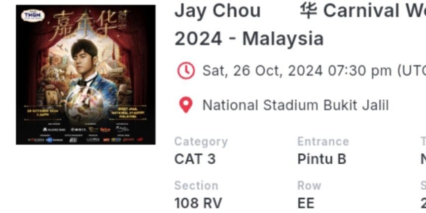 CAT 3 Jay Chou 2024 Malaysia Concert 2024 周杰伦马来西亚演唱会 CAT 3x2, Tickets & Vouchers, Event Tickets ...