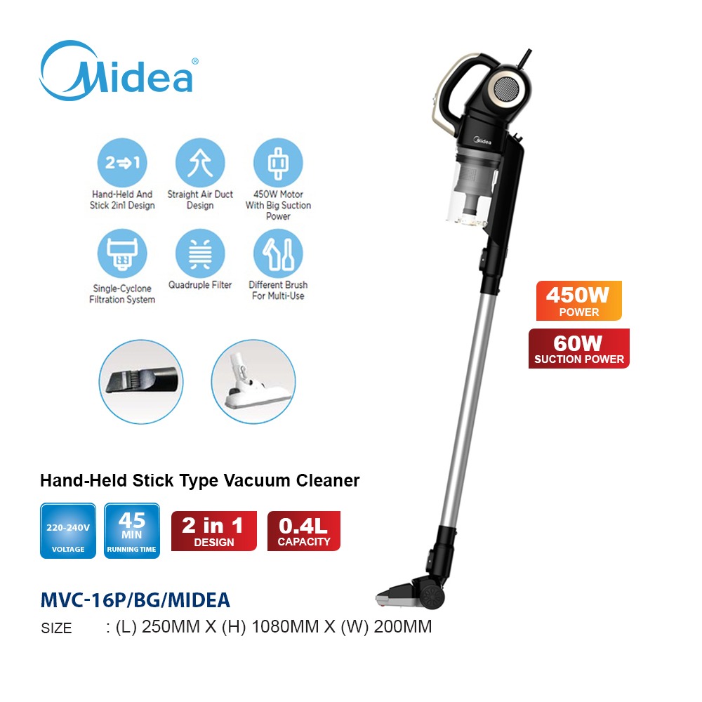 MIDEA 2 IN 1 HAND STICK VACUUM CLEANER 450W (BLACK) MVC-16P-BG ...