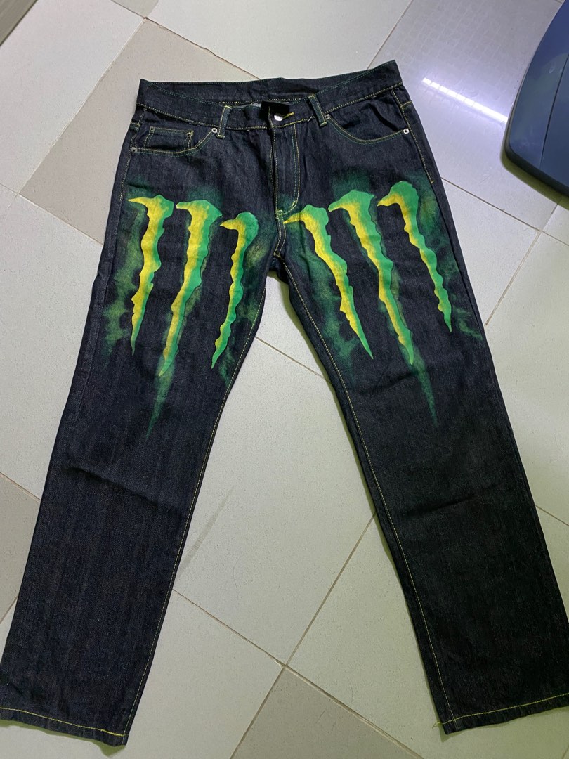 MONSTER ENERGY REWORK JEANS, Men's Fashion, Bottoms, Jeans on Carousell
