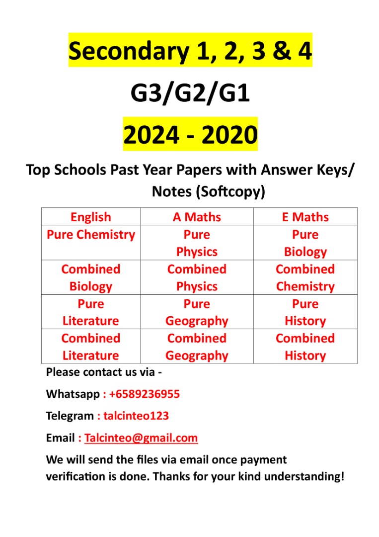 Secondary school exam papers ( G3 /G2 / G1 ) Top Schools Past Year ...