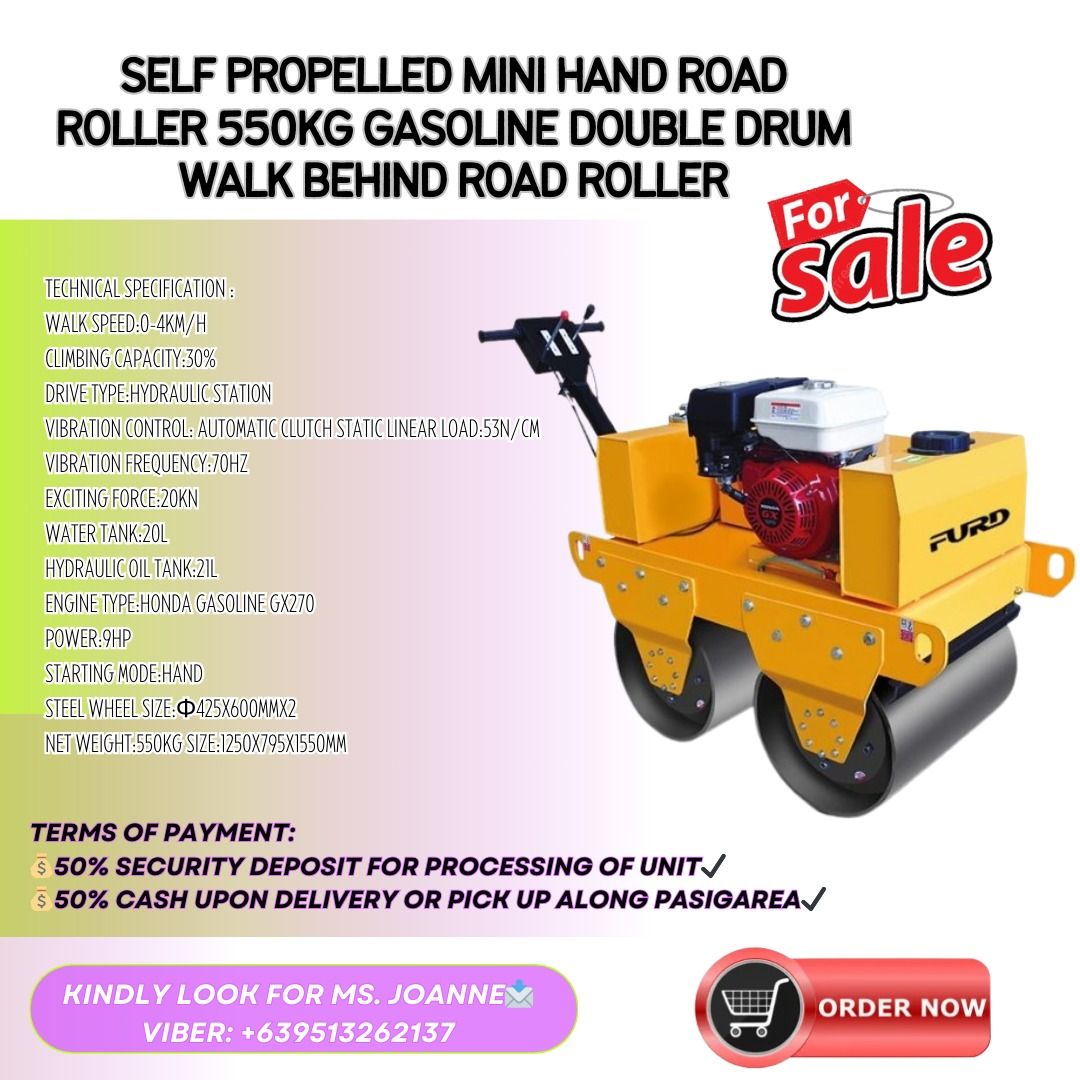 Self Propelled Mini Hand Road Roller 550kg Gasoline Double Drum Walk ...