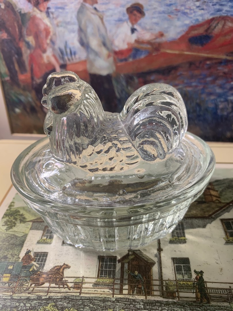 Vintage Clear Glass Hen Chicken Covered Butter Dish |Glass Rooster ...
