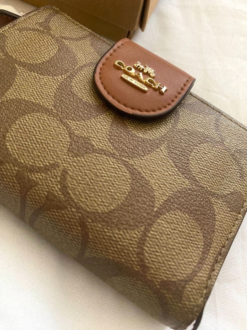 Coach Medium Corner Zip Wallet in Signature Canvas in Khaki Saddle 2 ...