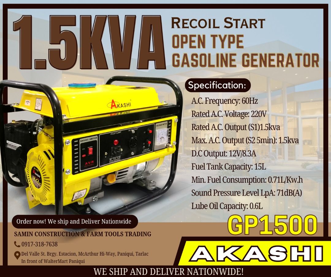 AKASHI 1.5kva 1500w Gasoline Generator Set 4 Stroke Open Type Air ...