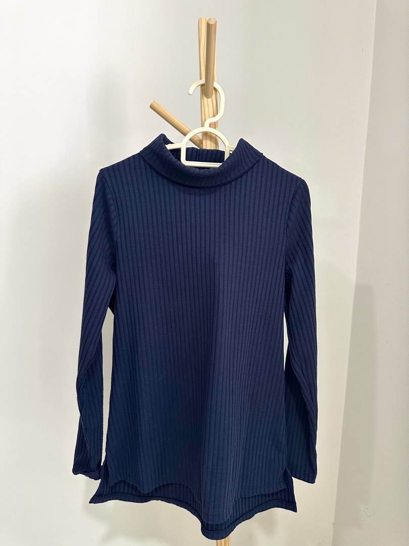 Navy Blue Ribbed Top, Women's Fashion, Tops, Longsleeves on Carousell