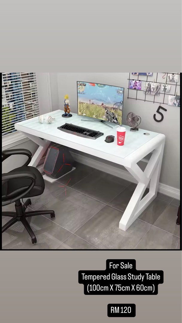Tempered Glass Study Table, Furniture & Home Living, Furniture, Tables ...