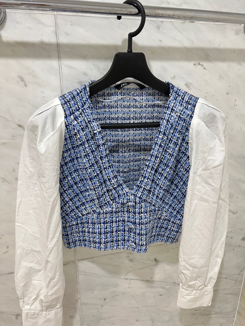 Zara Blue Tweed Top, Women's Fashion, Tops, Blouses on Carousell