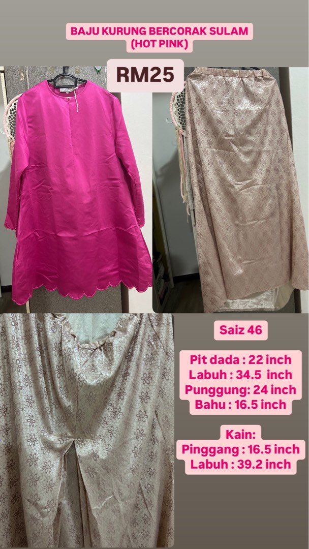 BAJU KURUNG BERCORAK SULAM PLUS SIZE (HOT PINK), Women's Fashion ...
