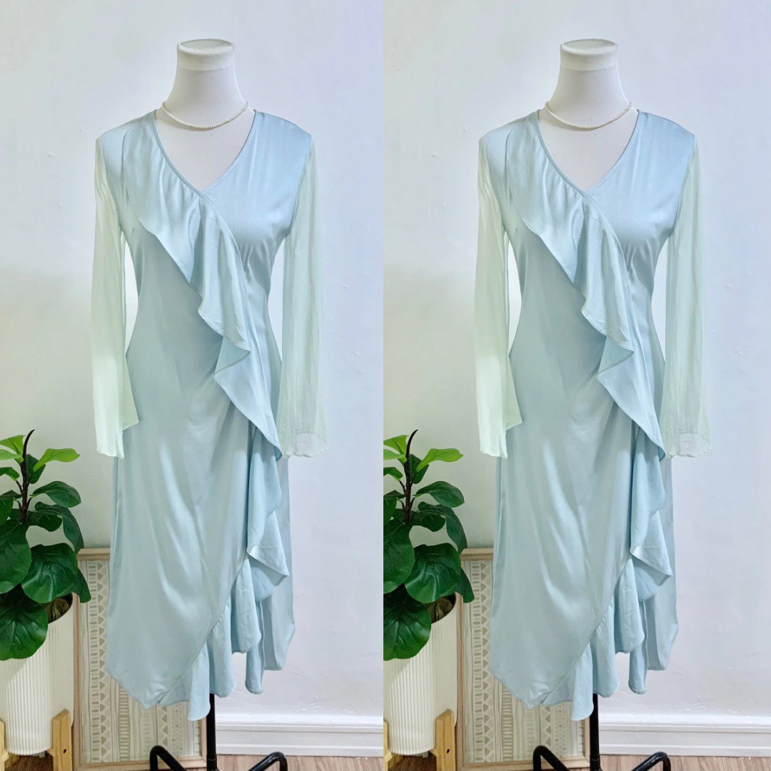 LIGHT BLUE RUFFLES SILK DRESS, Women's Fashion, Dresses & Sets, Dresses ...